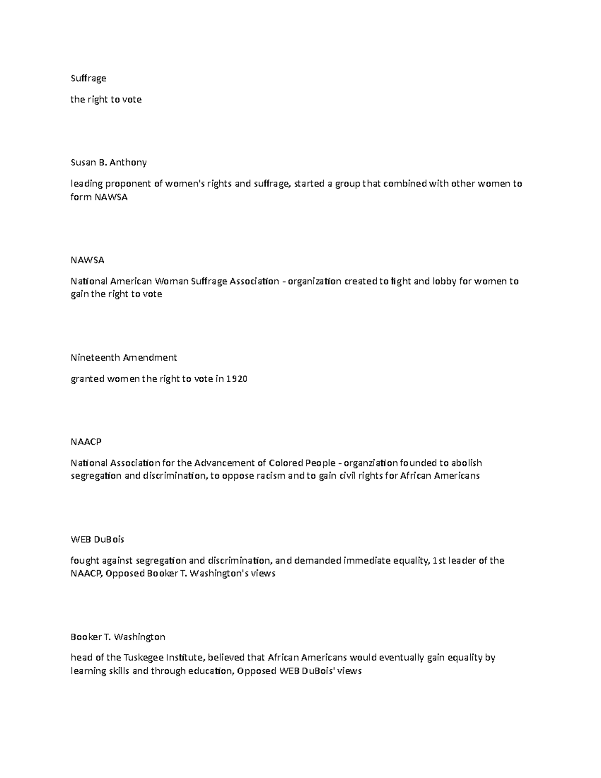 African american w lecture notes 2 - Suffrage the right to vote Susan B ...