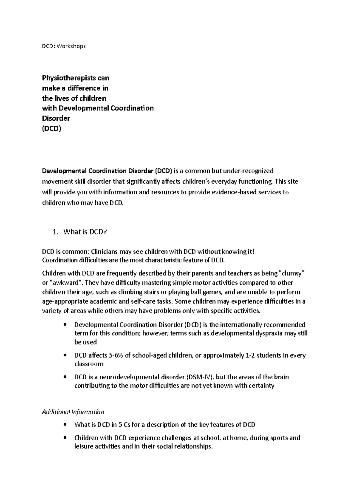 DCD workshop 2 - DCD: Workshops Physiotherapists can make a diference ...