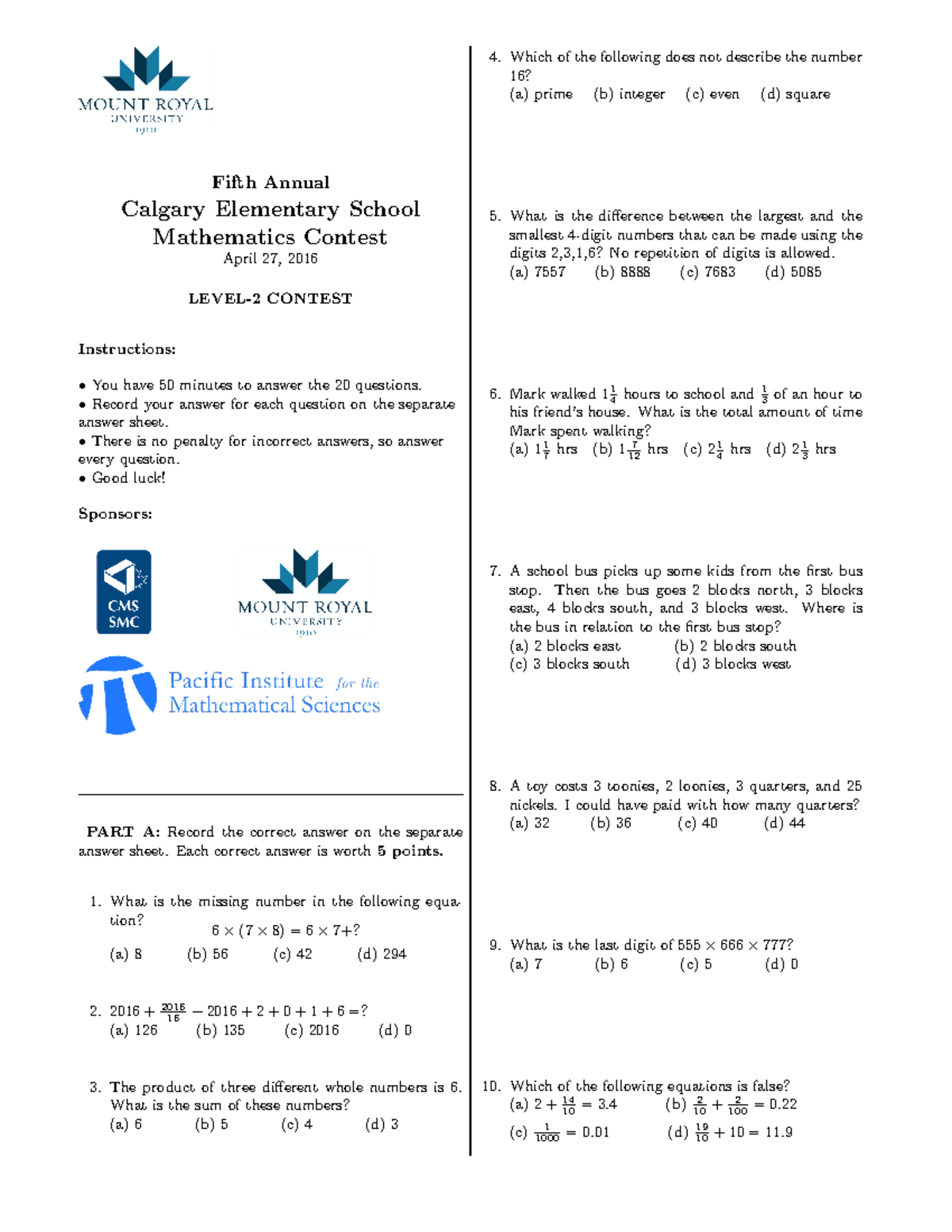 Cesmc 2016 Level 2 - Calgary Elementary School Mathematics Contest ...