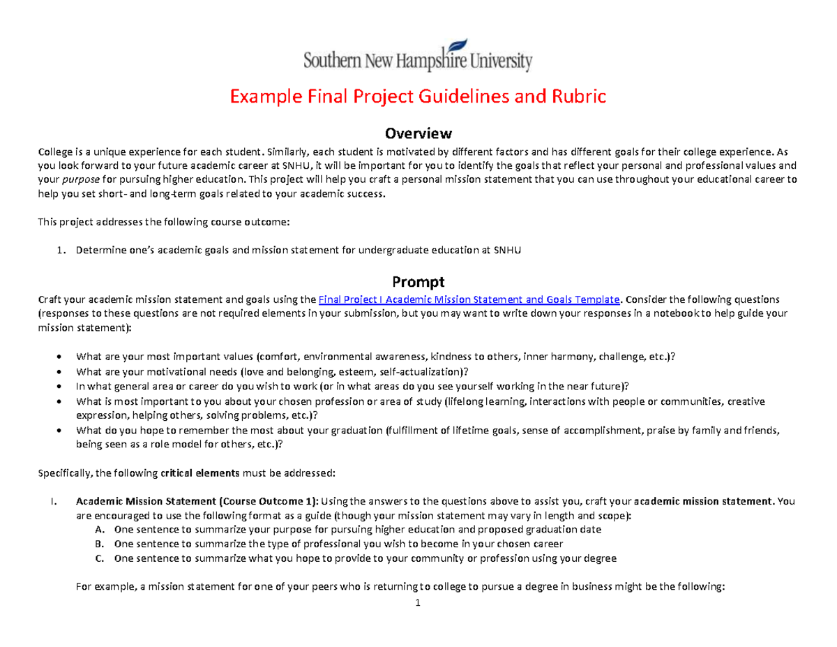 SNHU 107 Final Project I Guidelines and Rubric - 1 Example Final Project Guidelines and Rubric ...