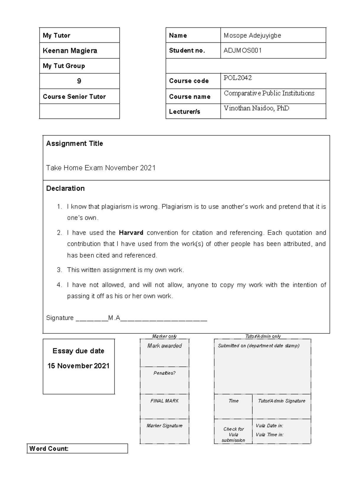 POL Exam - NOV 2021 - Assignment Title Take Home Exam November 2021 ...