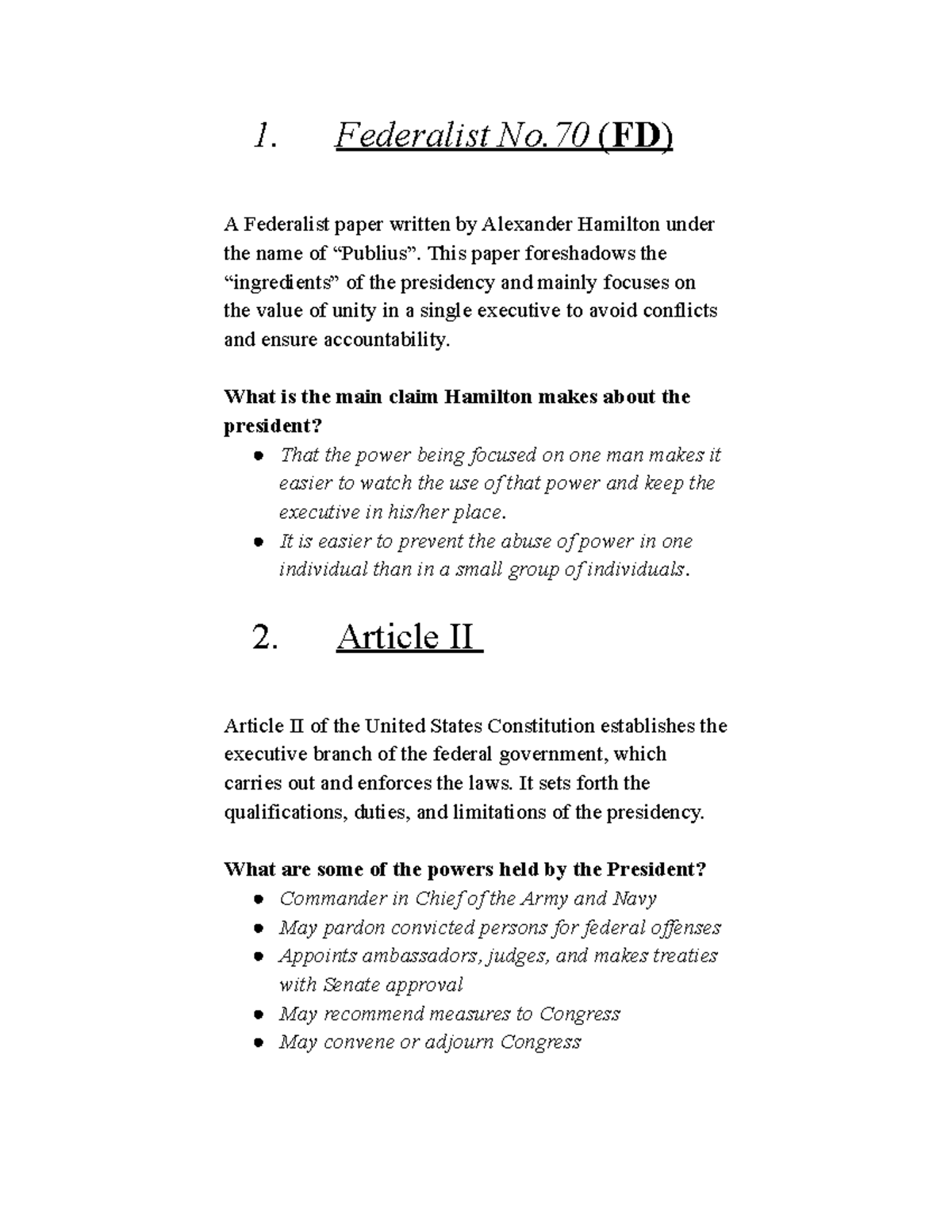 Topic 3 The Presidency Gov Cards - 1. Federalist No (FD) A Federalist ...