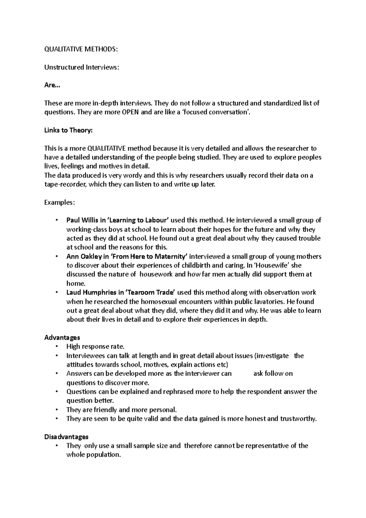 Qualitative Methods: Unstructured Interviews - Studocu