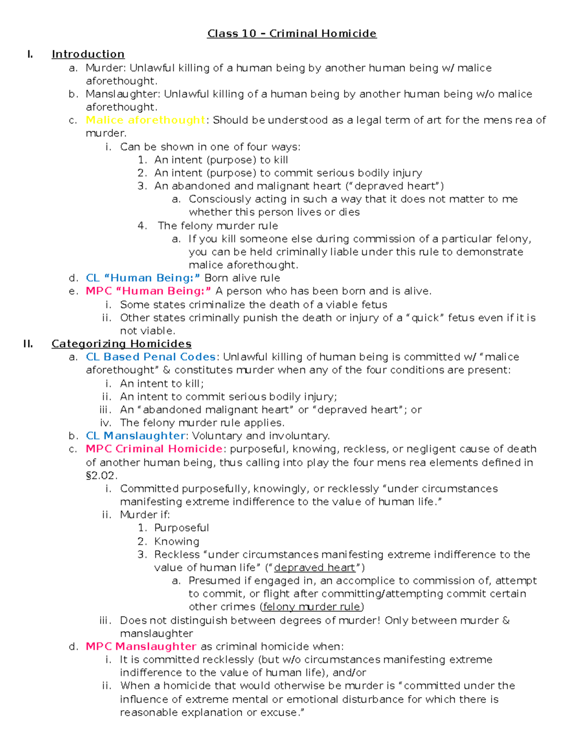 Criminal Homicide - Introduction a. Murder: Unlawful killing of a human ...