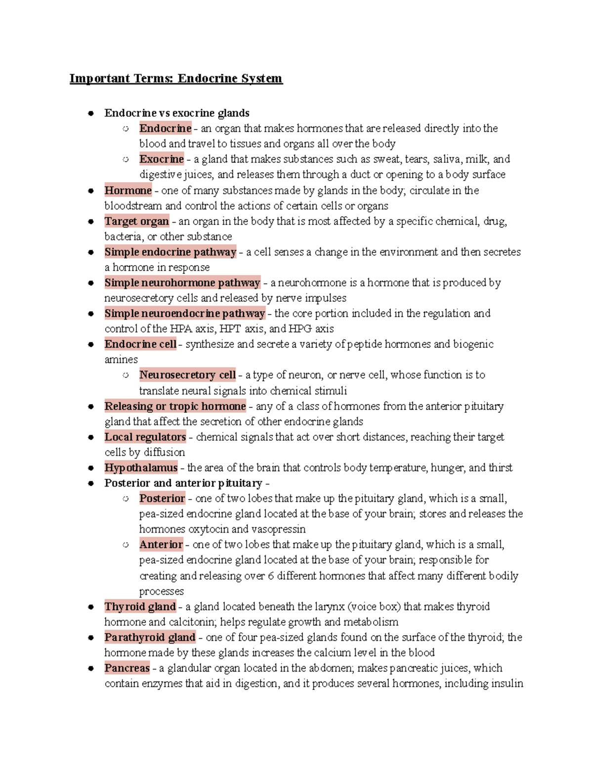 BIOL 112 - Endocrine System Terms - Important Terms: Endocrine System ...