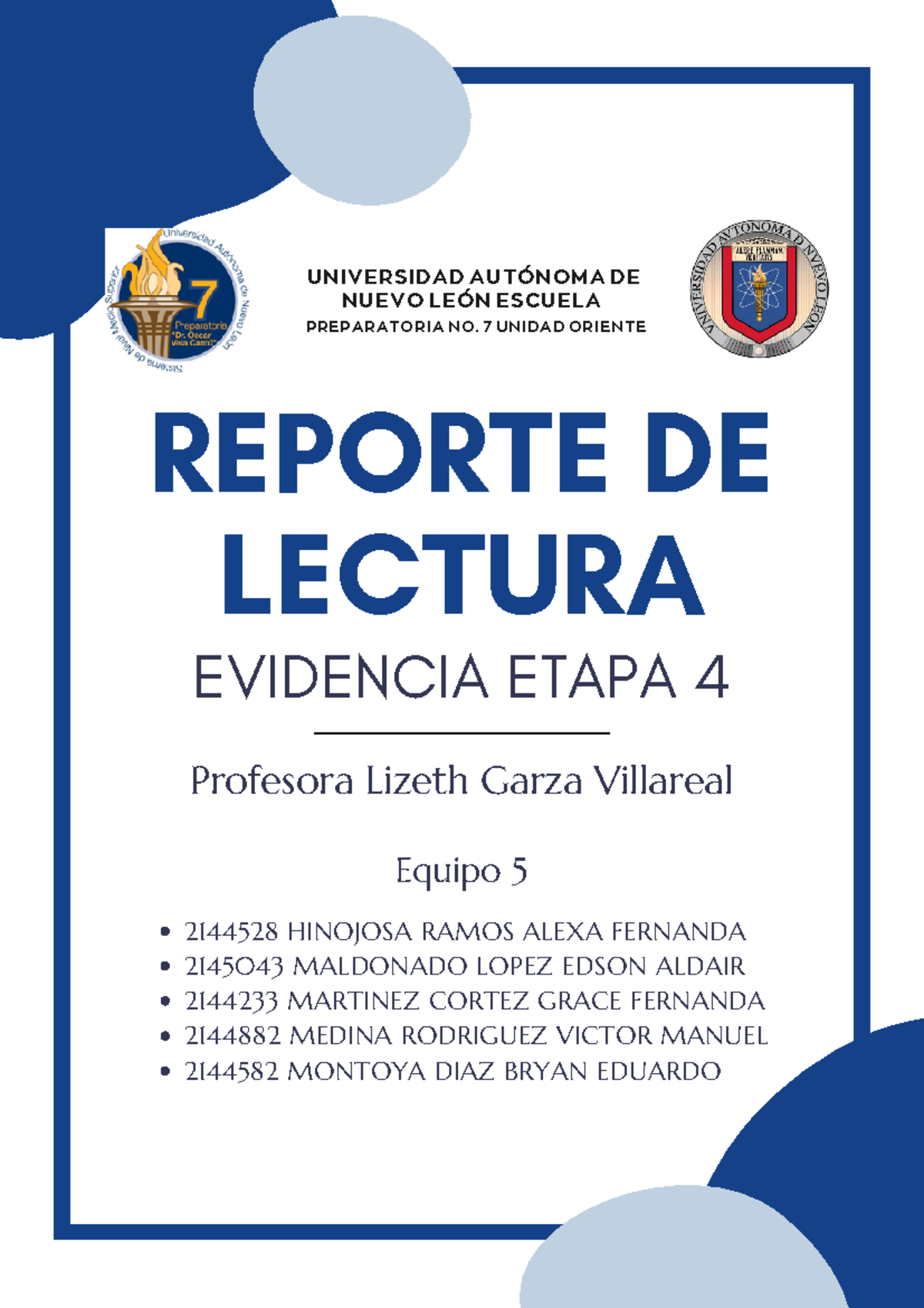 Equipo 5 417 EV4 Lit - Equipo 5 REPORTE DE LECTURA EVIDENCIA ETAPA 4 Profesora Lizeth Garza ...