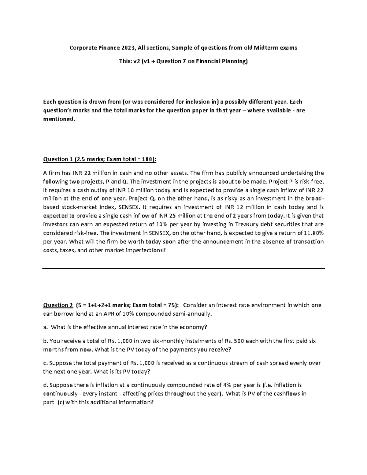 Corp Fin 2023, Sample of questions from old Midterm exams, v2 ...
