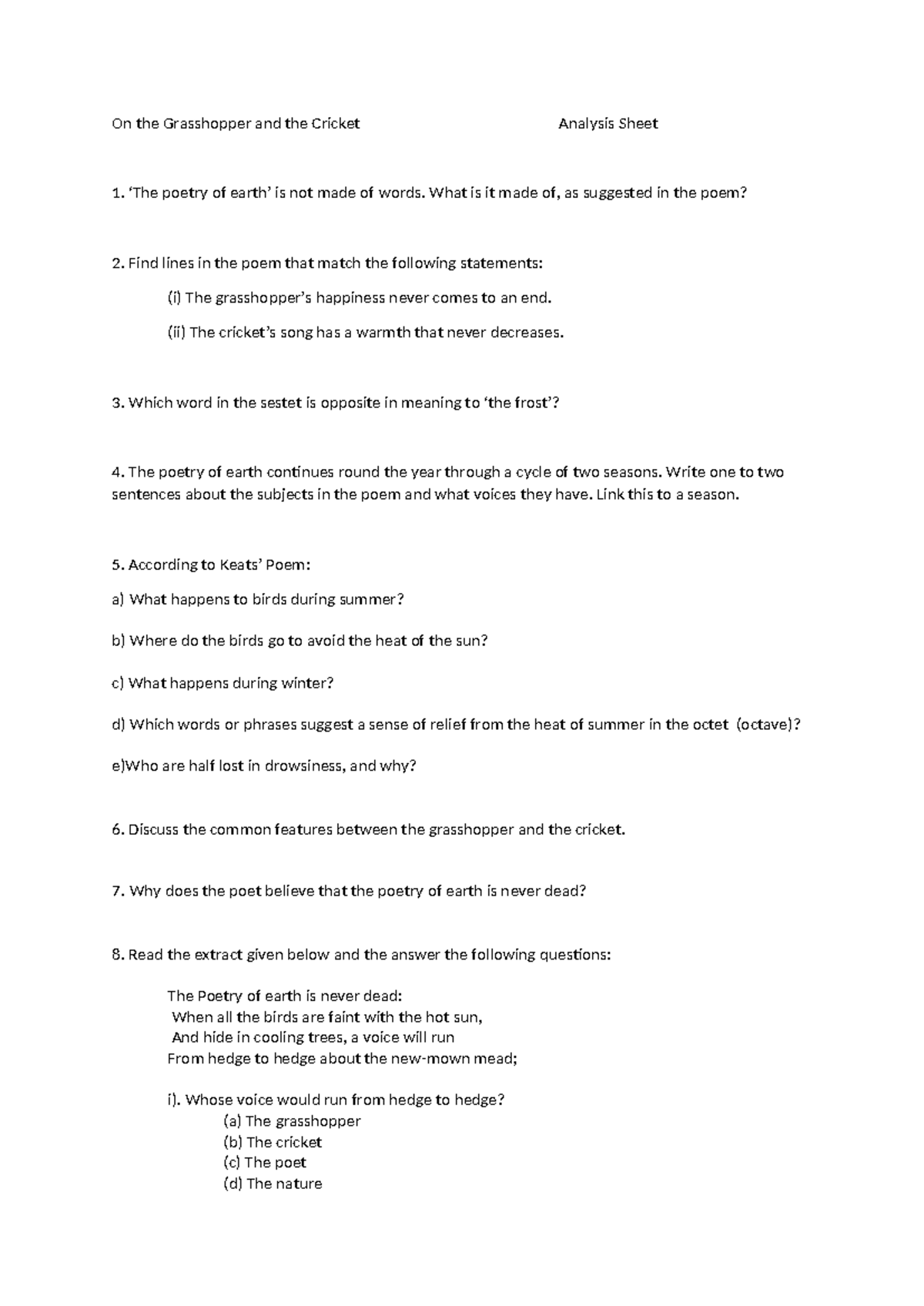 On the Grasshopper and the Cricket Analysis Sheet - What is it made of ...