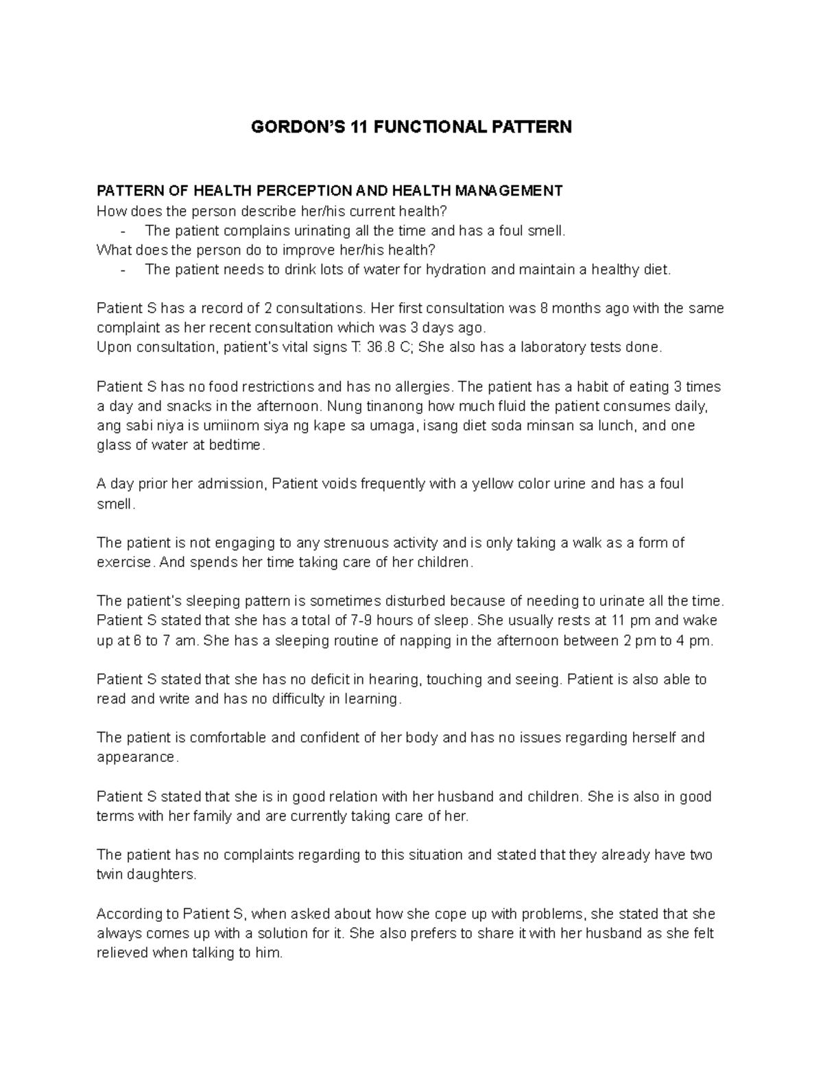 Gordons 11 Health Pattern Coursework Material - GORDON’S 11 FUNCTIONAL ...