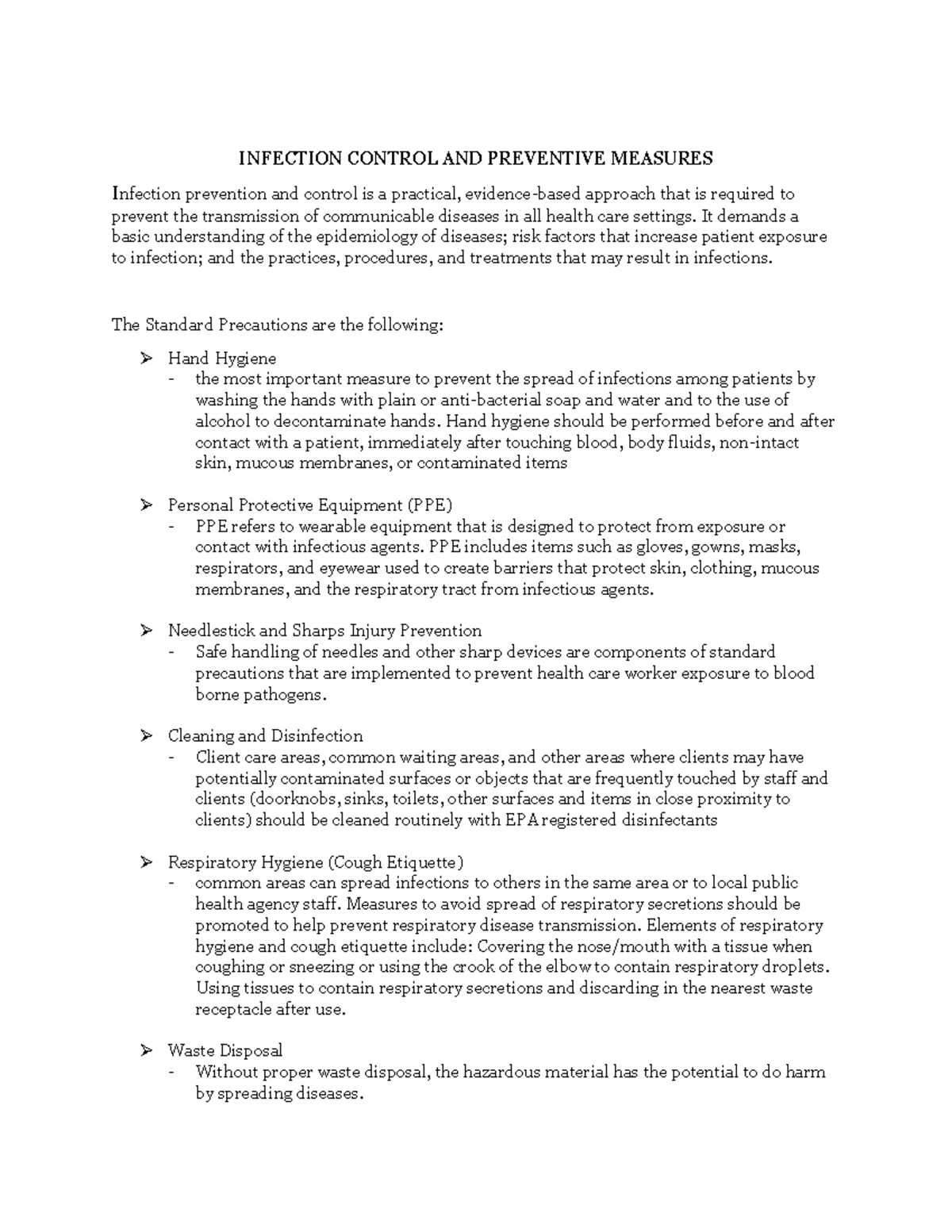 Infection Control and Preventive Measures - INFECTION CONTROL AND ...