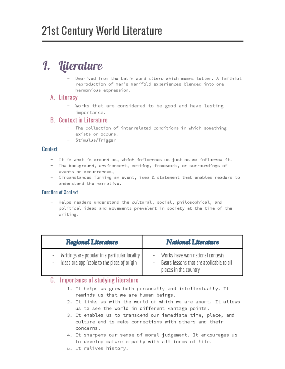 21st CWL 1st qtr notes - Context: 1. Literature 2. Timeline of PH LIT 3 ...