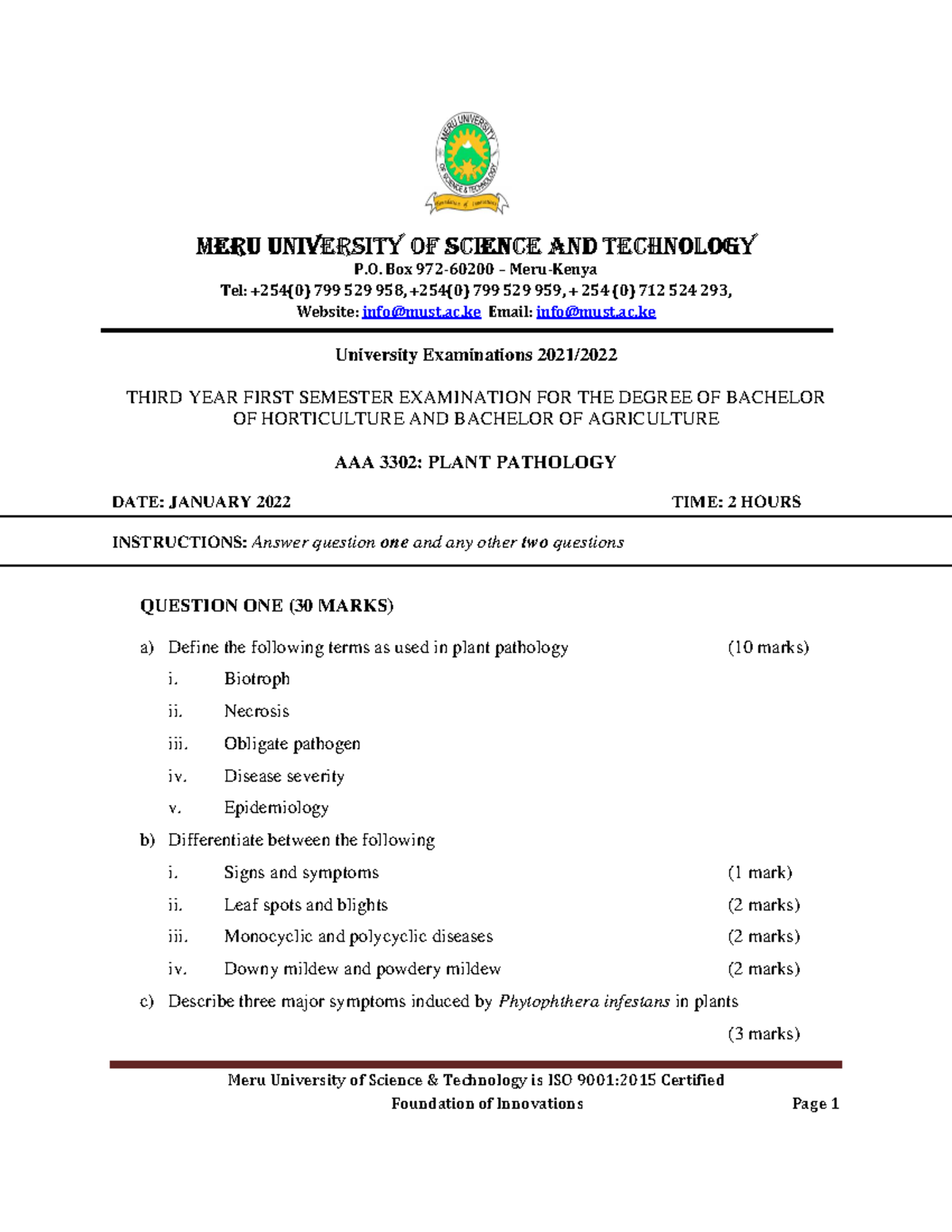AAA 3302 Plant Pathology 2 - Meru University of Science & Technology is ...