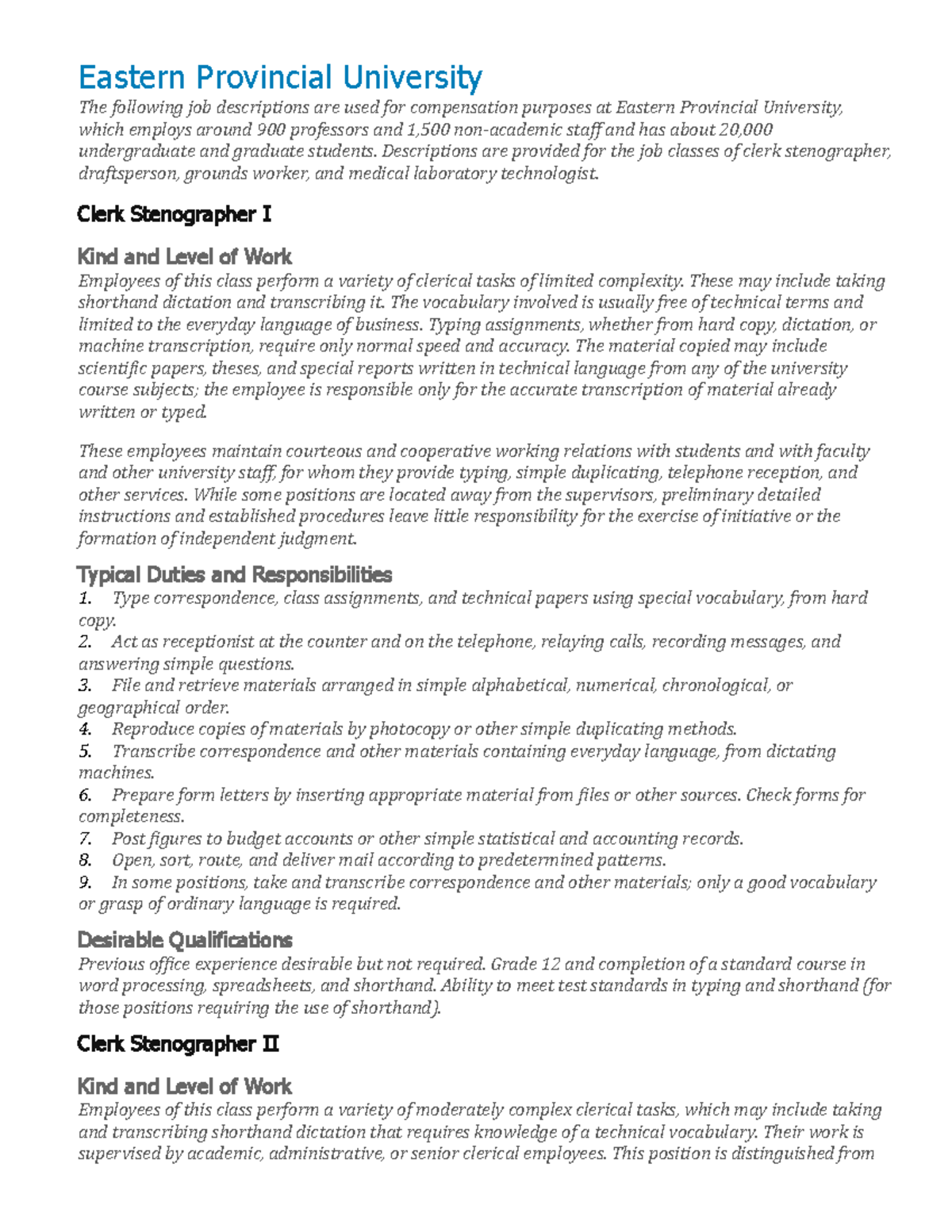 Eastern Provincial University - Descriptions are provided for the job ...