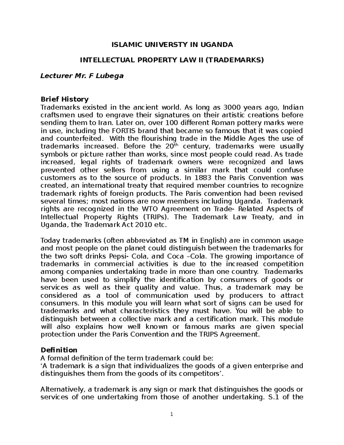 TM Notes 2016 - Case law - ISLAMIC UNIVERSTY IN UGANDA INTELLECTUAL ...