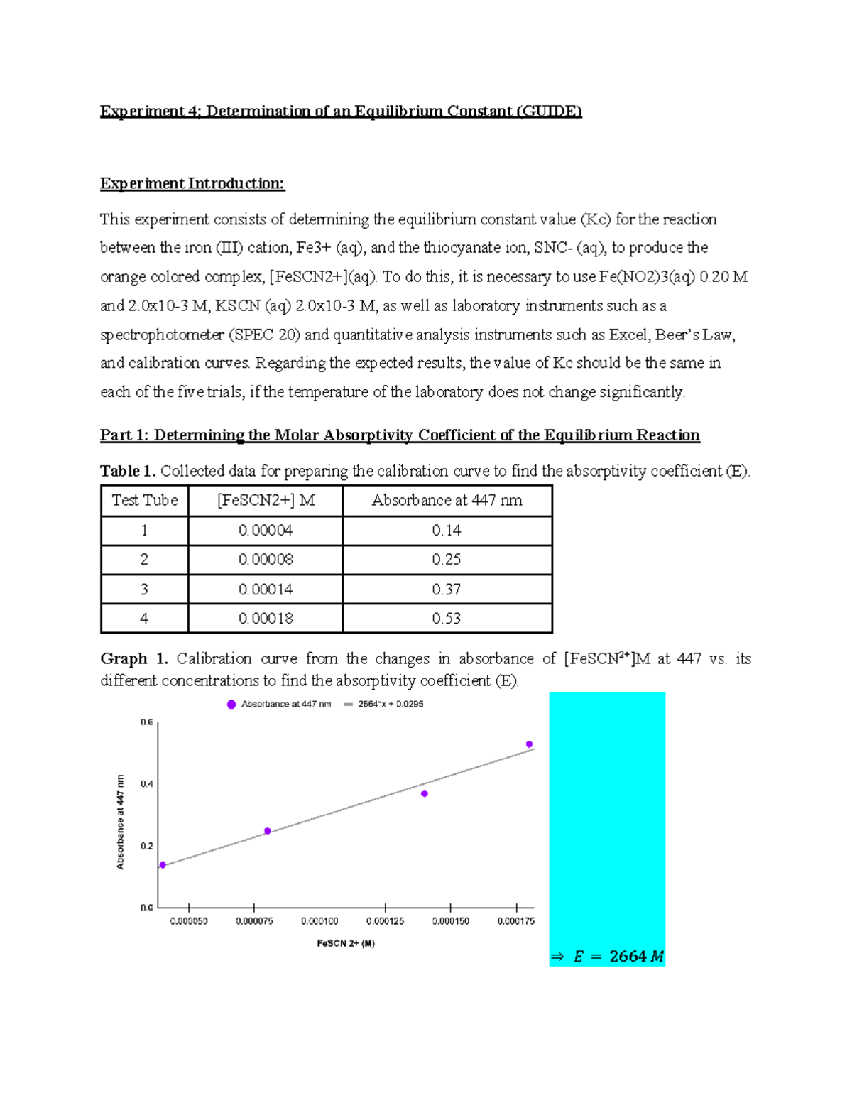Equilibrium lab Guide - N/A - Experiment 4; Determination of an ...