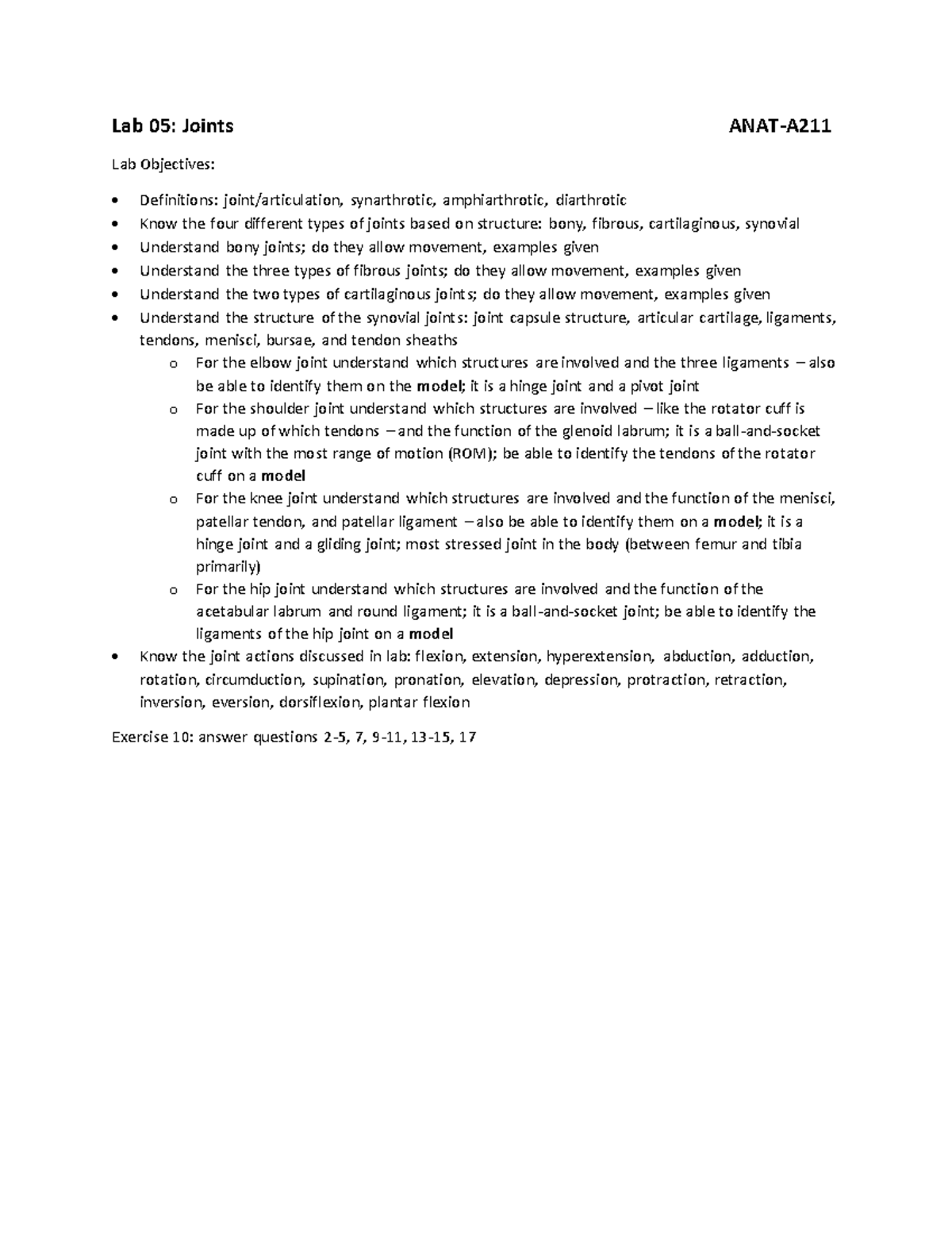 Lab 05 Outline - This lab will accompany A210, Human Anatomy. This ...