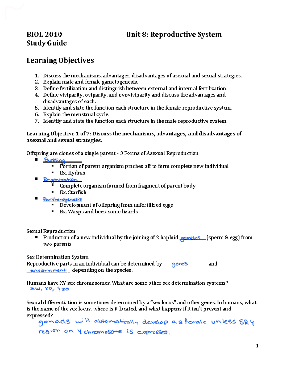 Reproduction System Notes - BIOL 2010 Unit 8: Reproductive System Study ...
