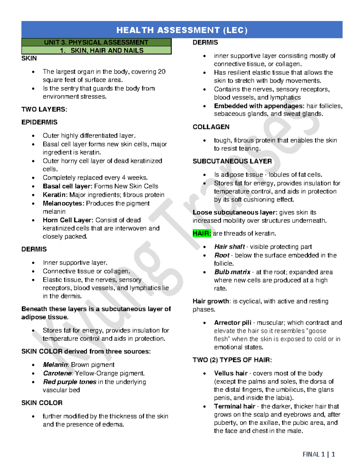 Final Health Assessment LEC Kyungmin SELF - UNIT 3. PHYSICAL ASSESSMENT ...