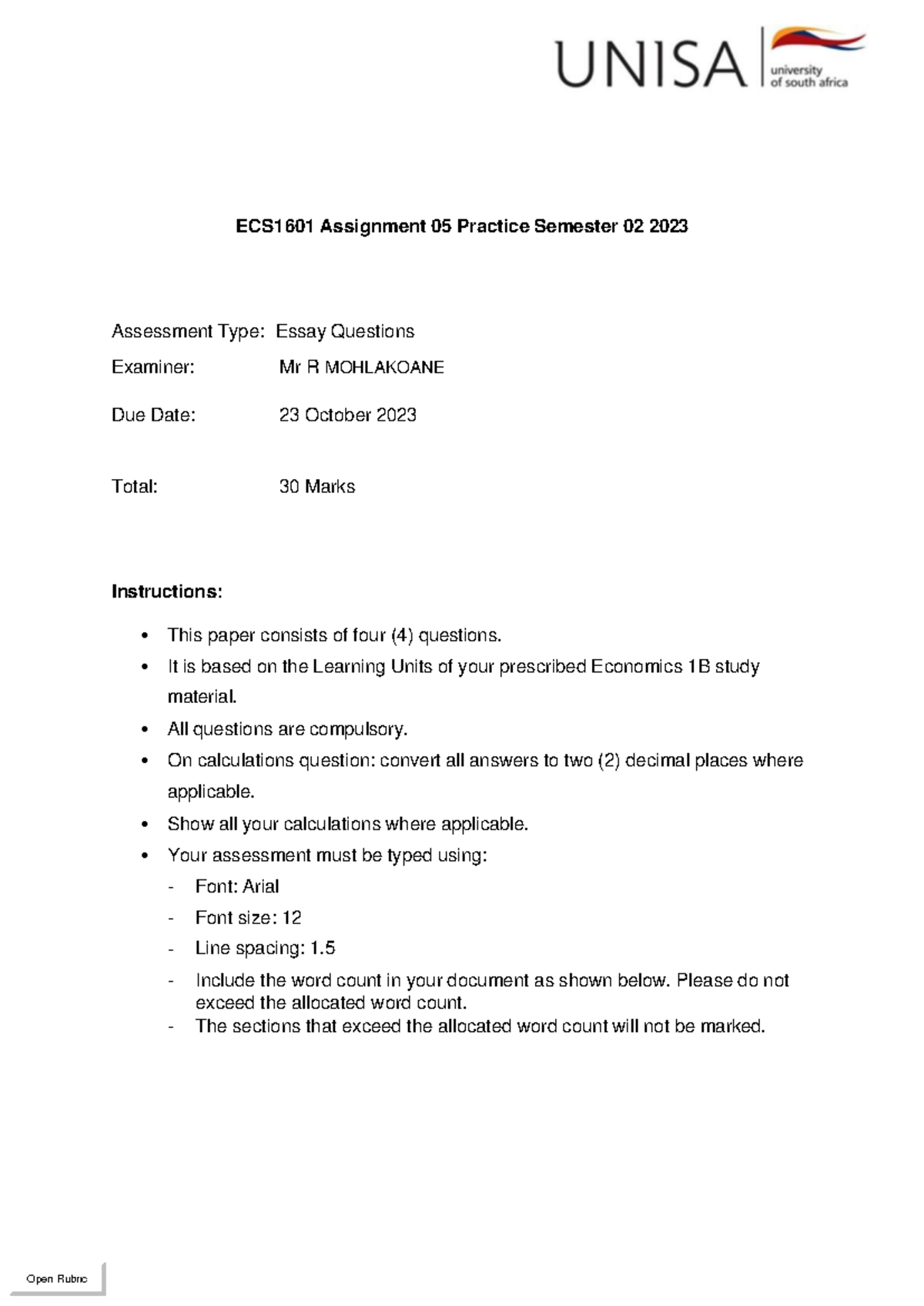 Practice Assessment 05 - ECS1601 Assignment 05 Practice Semester 02 2023 Assessment Type: Essay ...