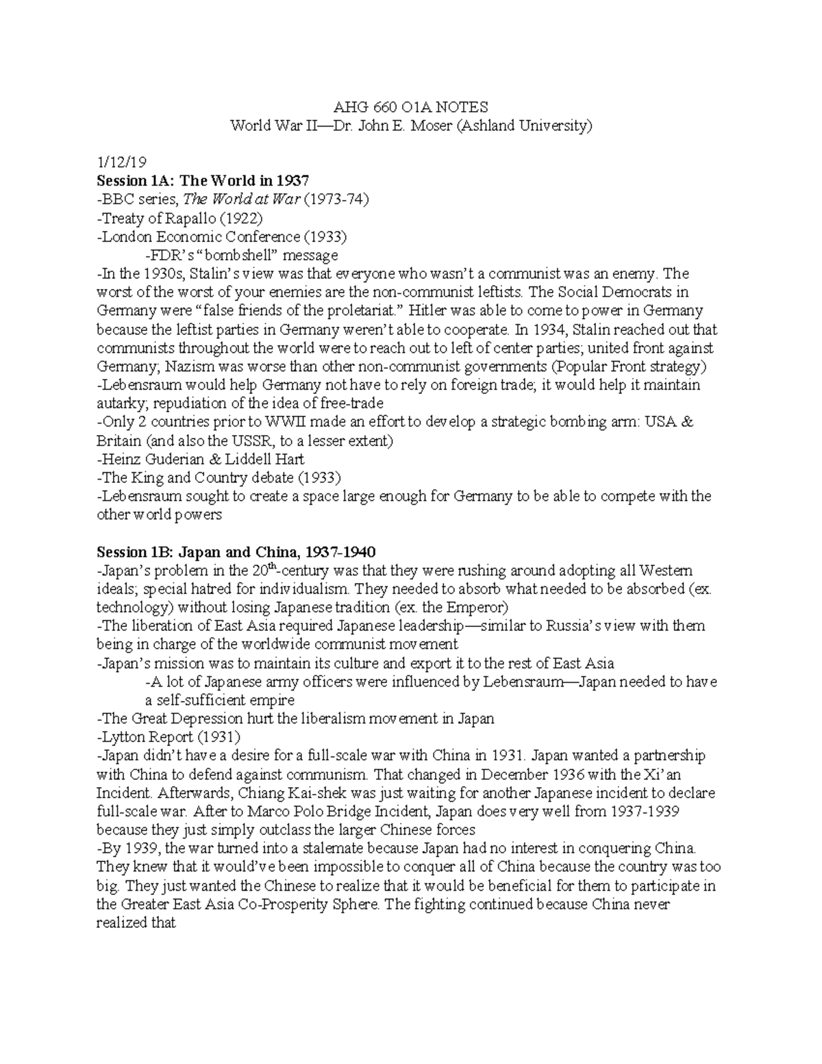 World War II - AHG 660 O1A NOTES World War II—Dr. John E. Moser ...