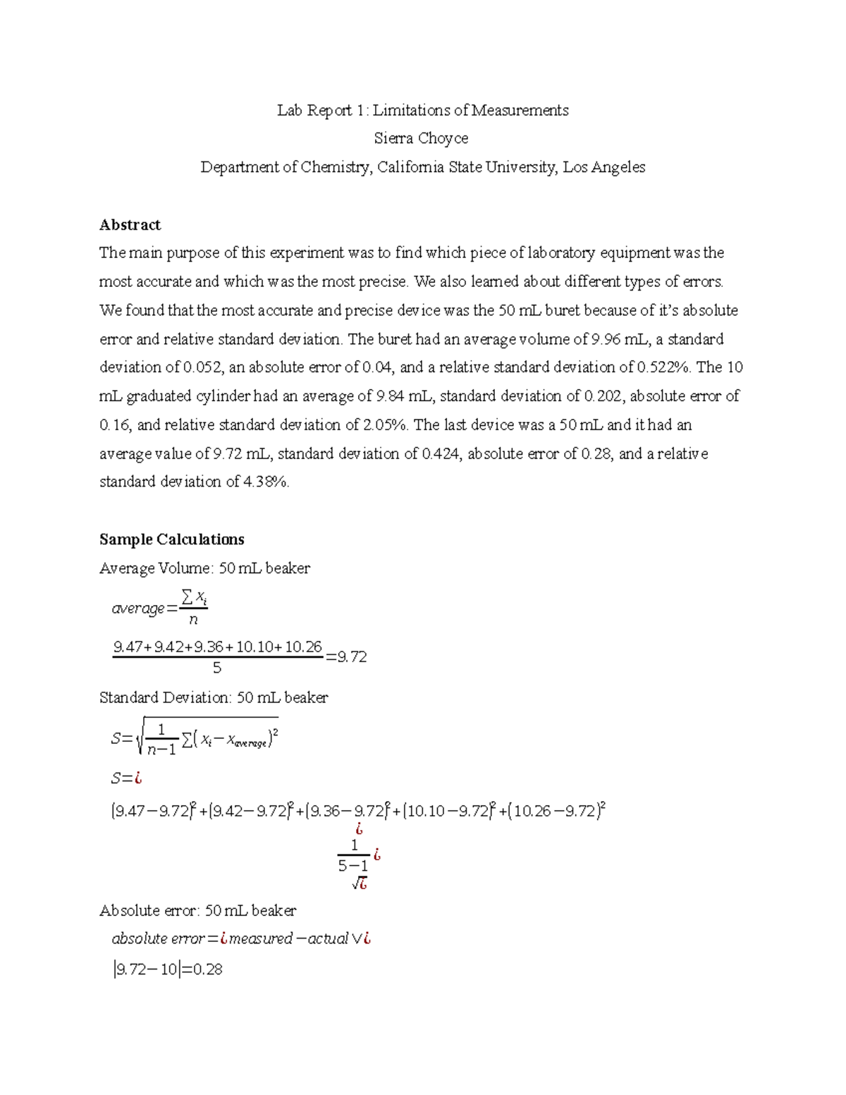 Limitations Of Measurements Lab Report 1 Limitations Of Measurements