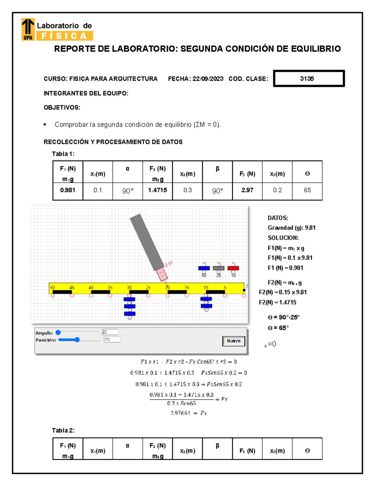 Reporte LAB Fisiarq S06 Grupo 1 - REPORTE DE LABORATORIO: SEGUNDA CONDICIÓN DE EQUILIBRIO CURSO ...