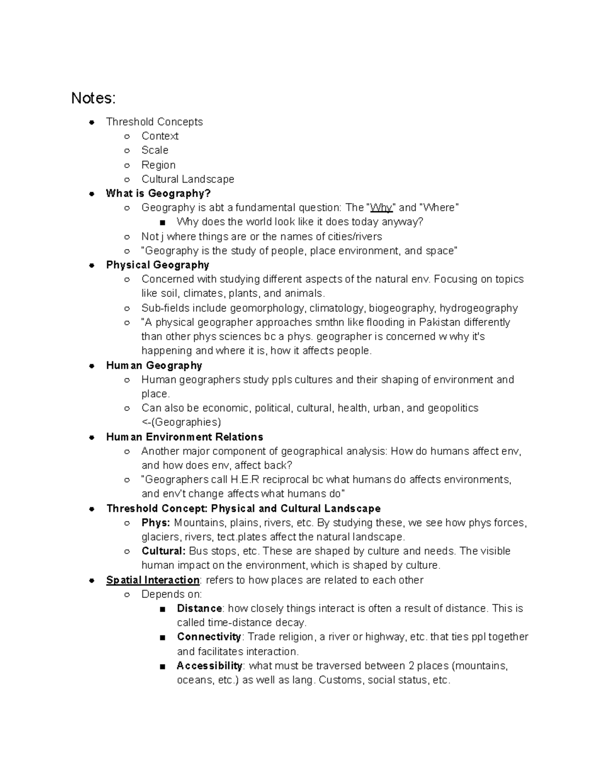 GEOG 120 Lecture Notes UDEL - Notes: Threshold Concepts Context Scale ...
