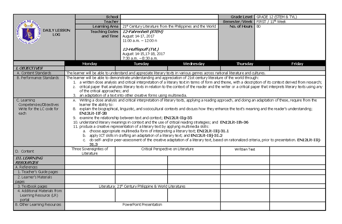 Idoc - avd - Monday Tuesday Wednesday Thursday Friday I. OBJECTIVES A ...