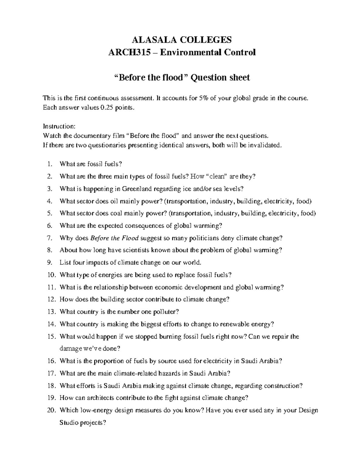 Before the flood Question sheet - ALASALA COLLEGES ARCH 315 ...