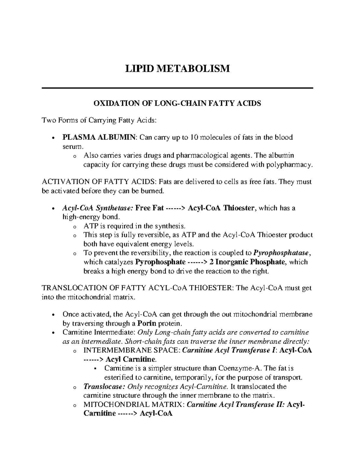 Lipid Metabolism - LIPID METABOLISM OXIDATION OF LONG-CHAIN FATTY ACIDS ...