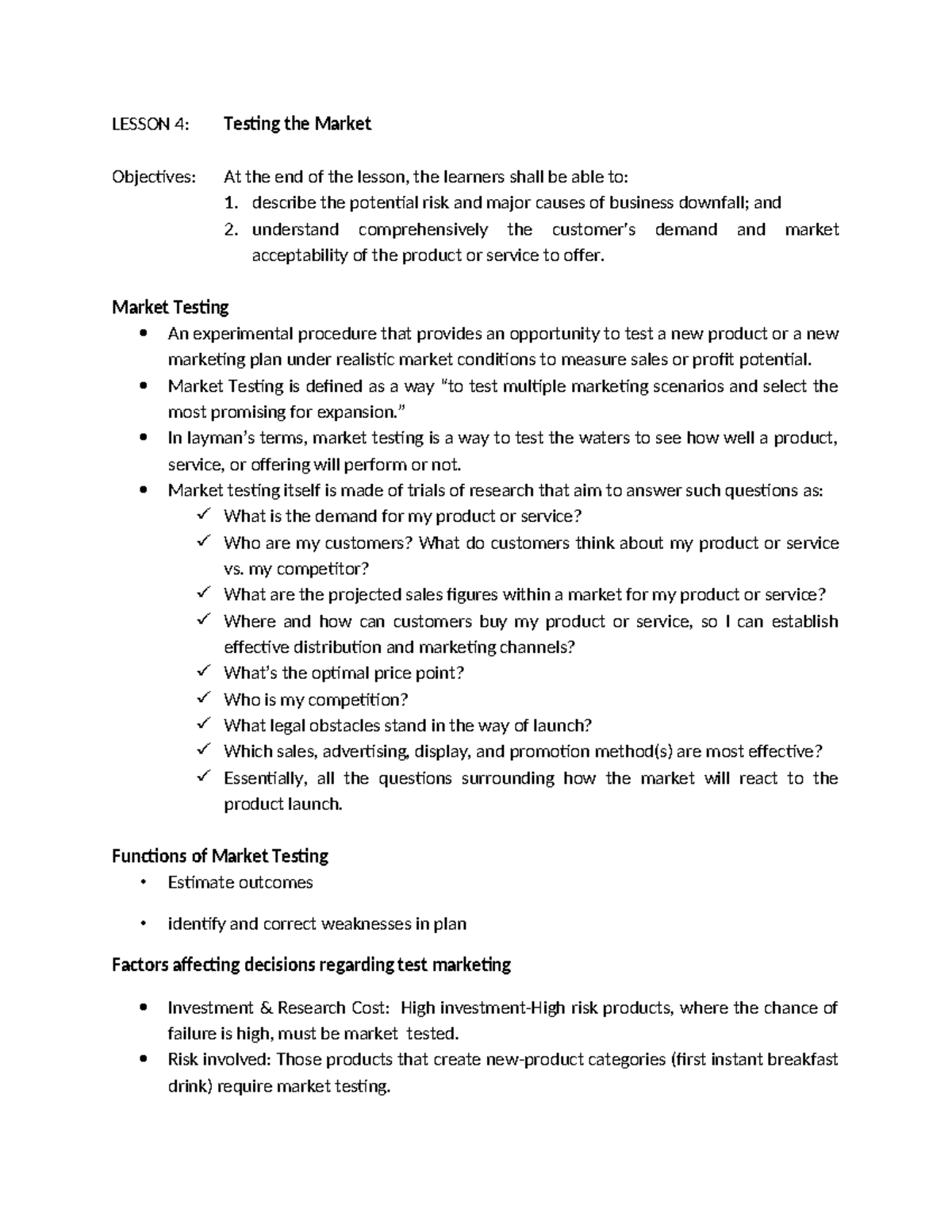 Lesson 4 Testing the Market - LESSON 4: Testing the Market Objectives ...