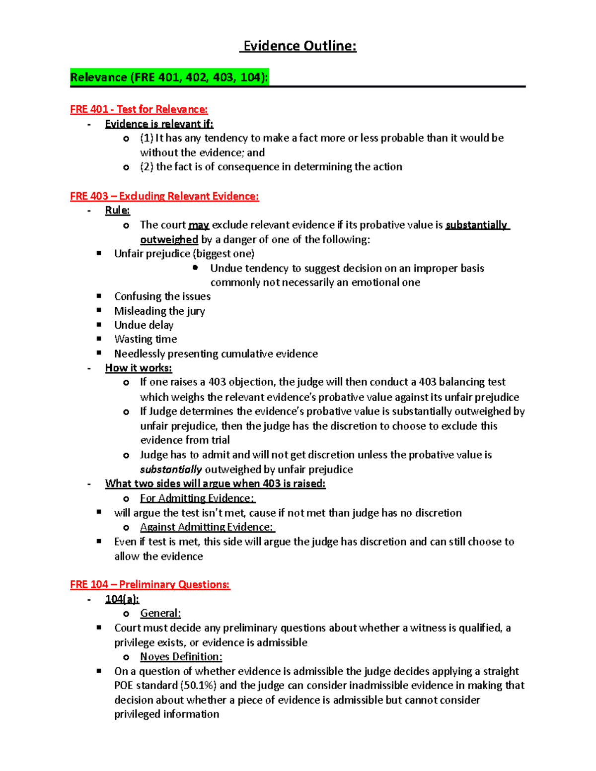 Evidence Outline - Evidence Outline: Relevance (FRE 401, 402, 403, 104 ...