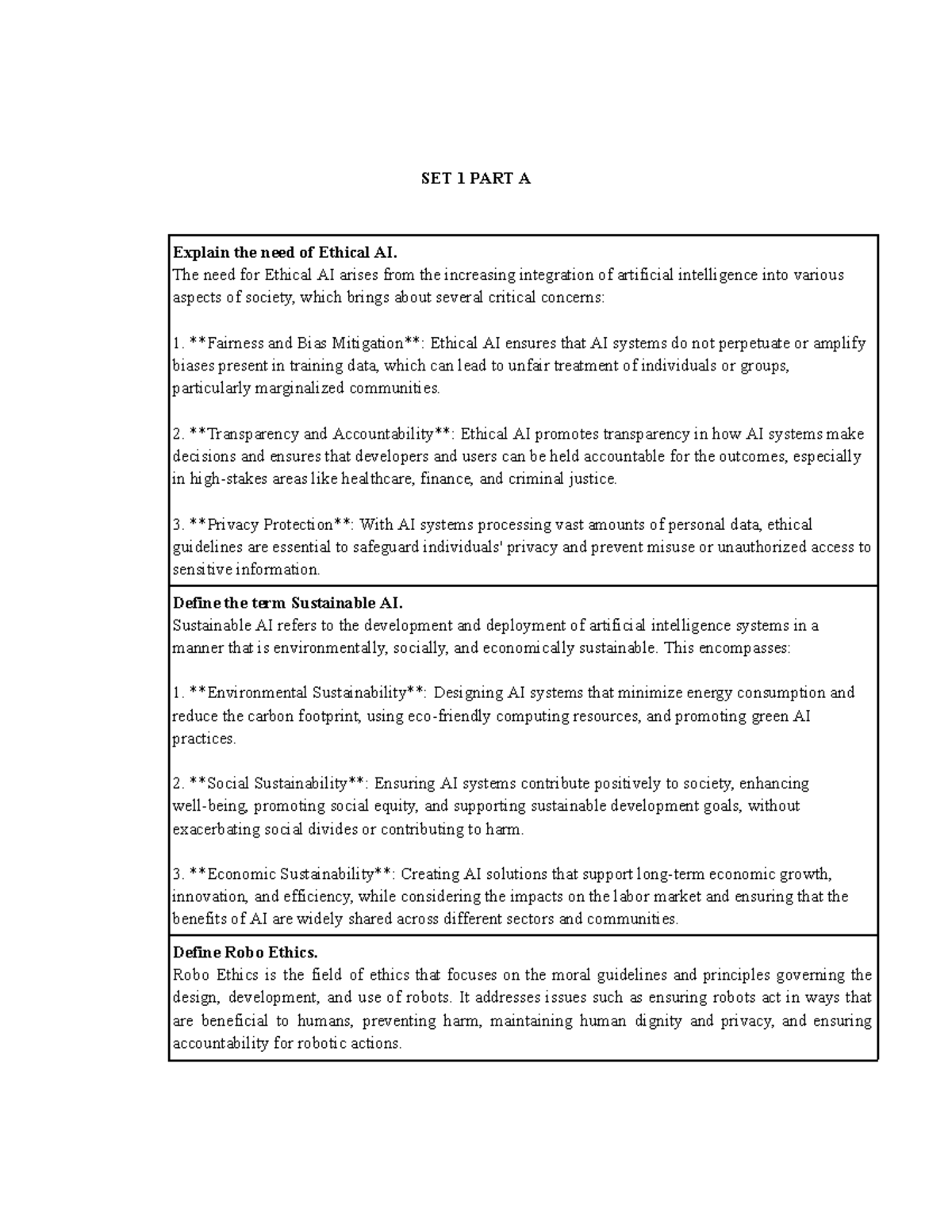 EAI PART A Questions - SET 1 PART A Explain the need of Ethical AI. The ...