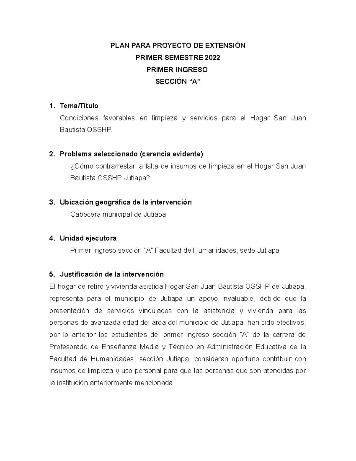 Extensión 2022 - Proyecto Extension - PLAN PARA PROYECTO DE EXTENSIÓN ...