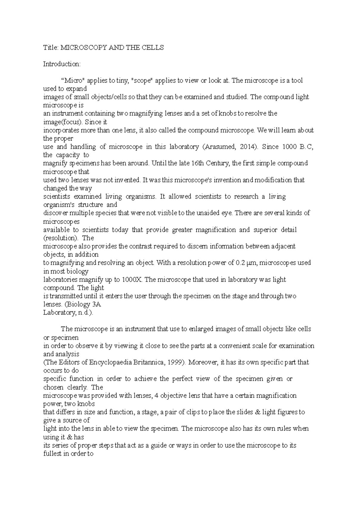 Biology Laboratory LAB Report - Title: MICROSCOPY AND THE CELLS ...