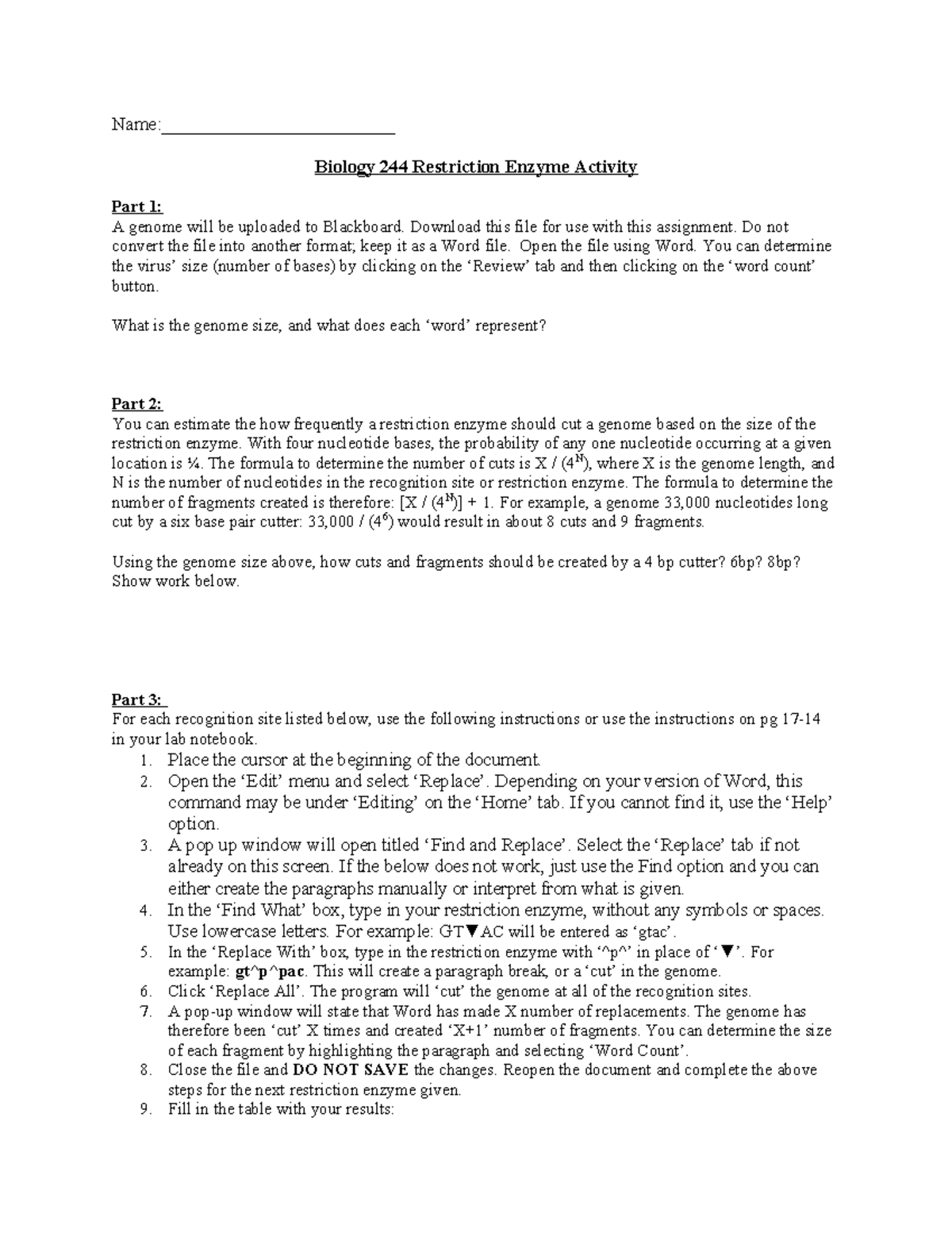 17 Rest Enzyme Act(1) - Name:_________________________ Biology 244 ...