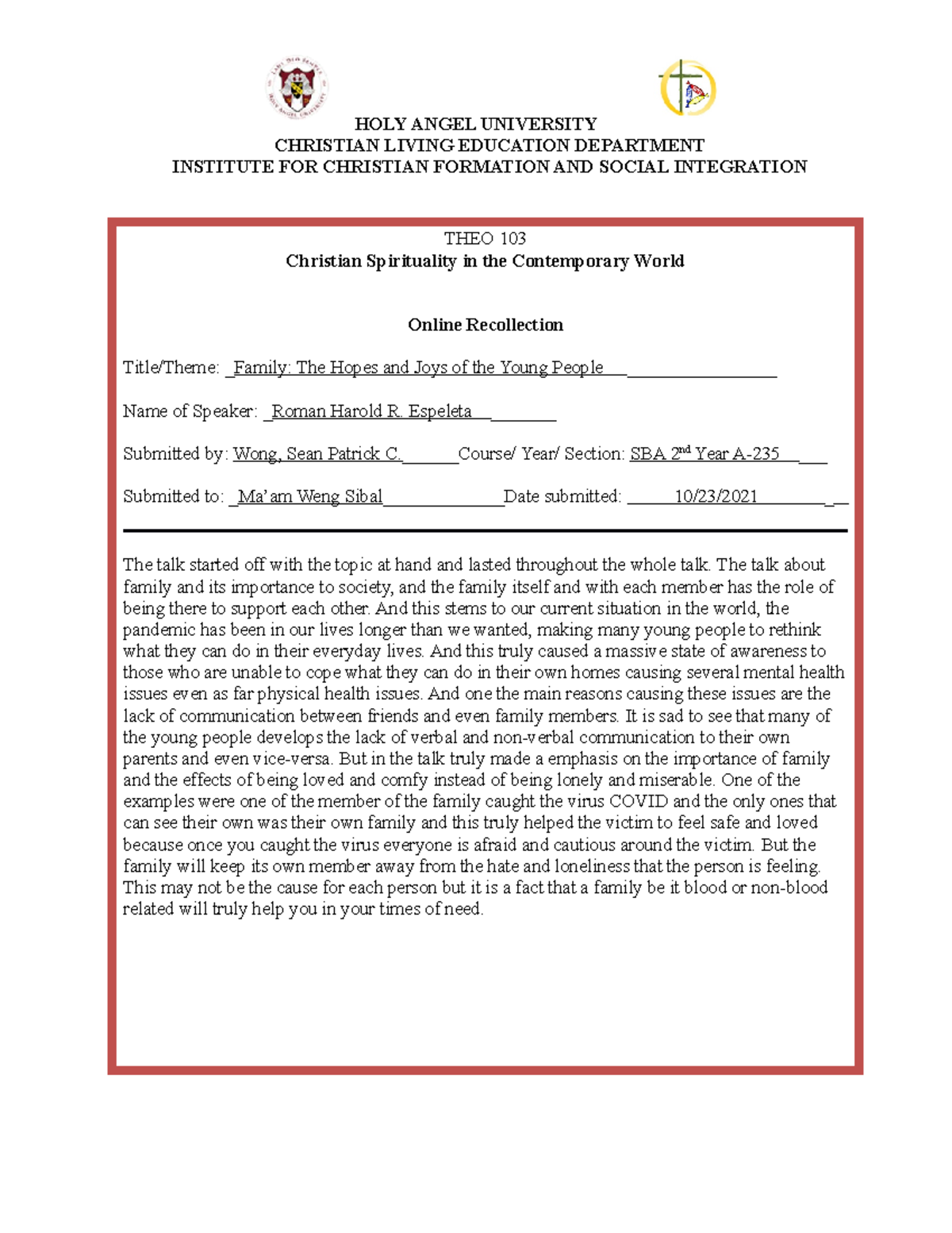 Reflection Paper Template-2 - HOLY ANGEL UNIVERSITY CHRISTIAN LIVING ...