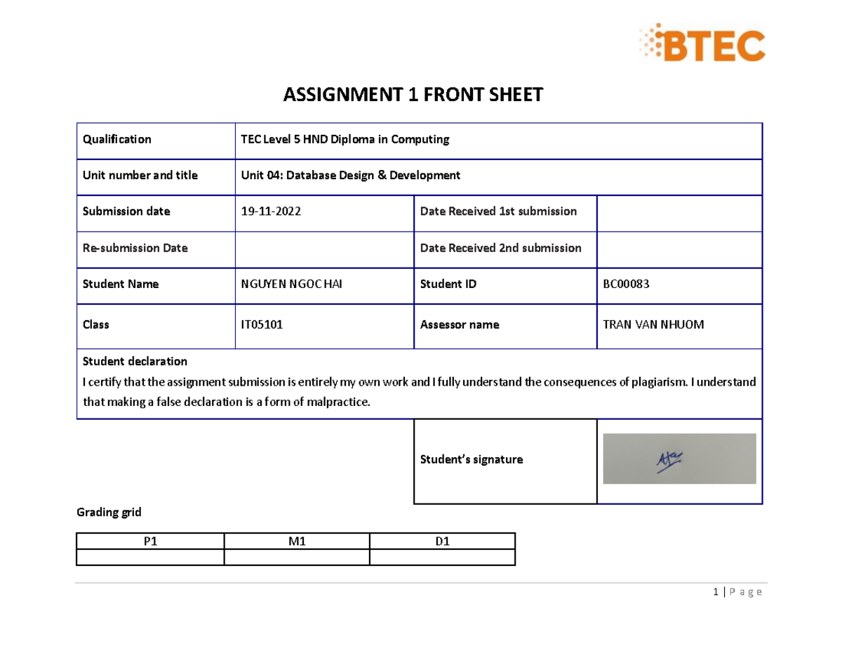 Assignment 1-BC00083-NNH - ASSIGNMENT 1 FRONT SHEET Qualification TEC Level 5 HND Diploma in ...