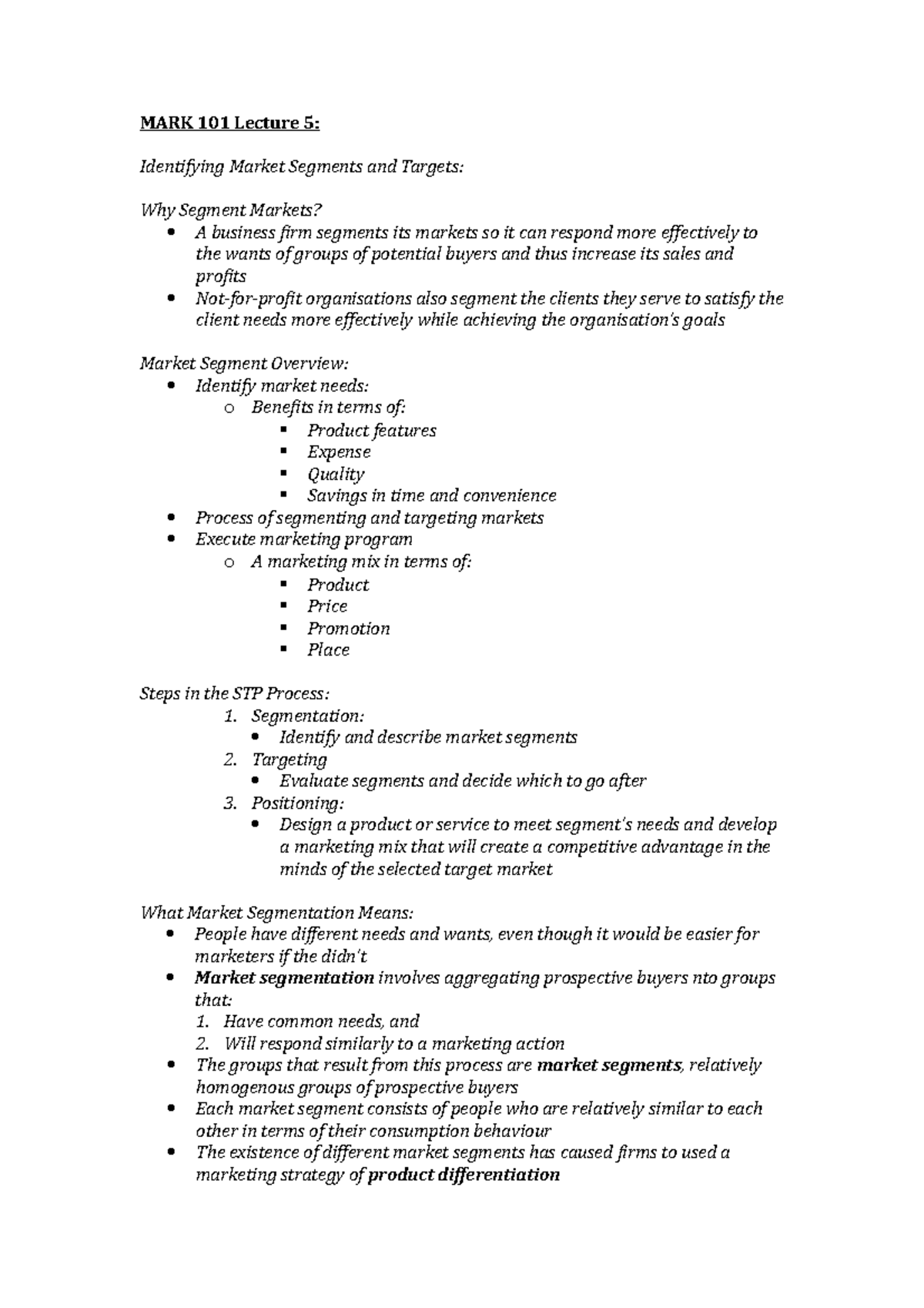 MARK 101 Lecture 5 - MARK 101 Lecture 5: Identifying Market Segments ...