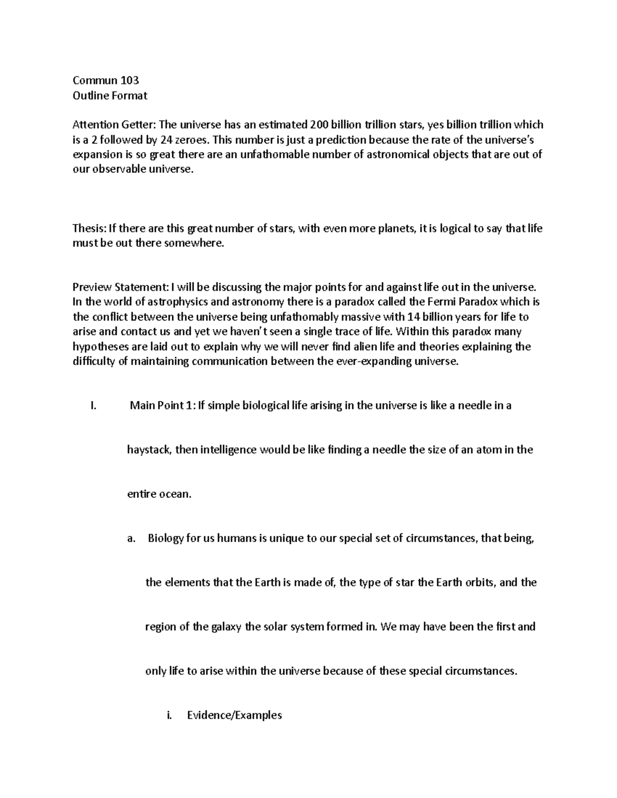 Speech outline format - Commun 103Outline Format Attention Getter: The ...