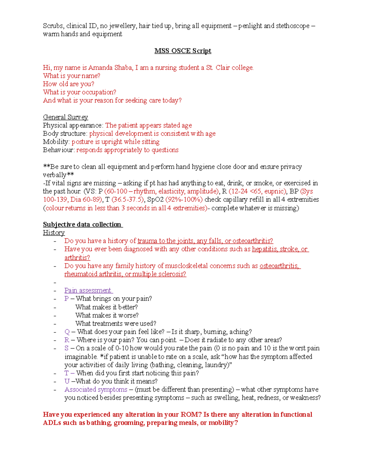 MSS OSCE Script - Lecture notes 1 - warm hands and equipment MSS OSCE ...