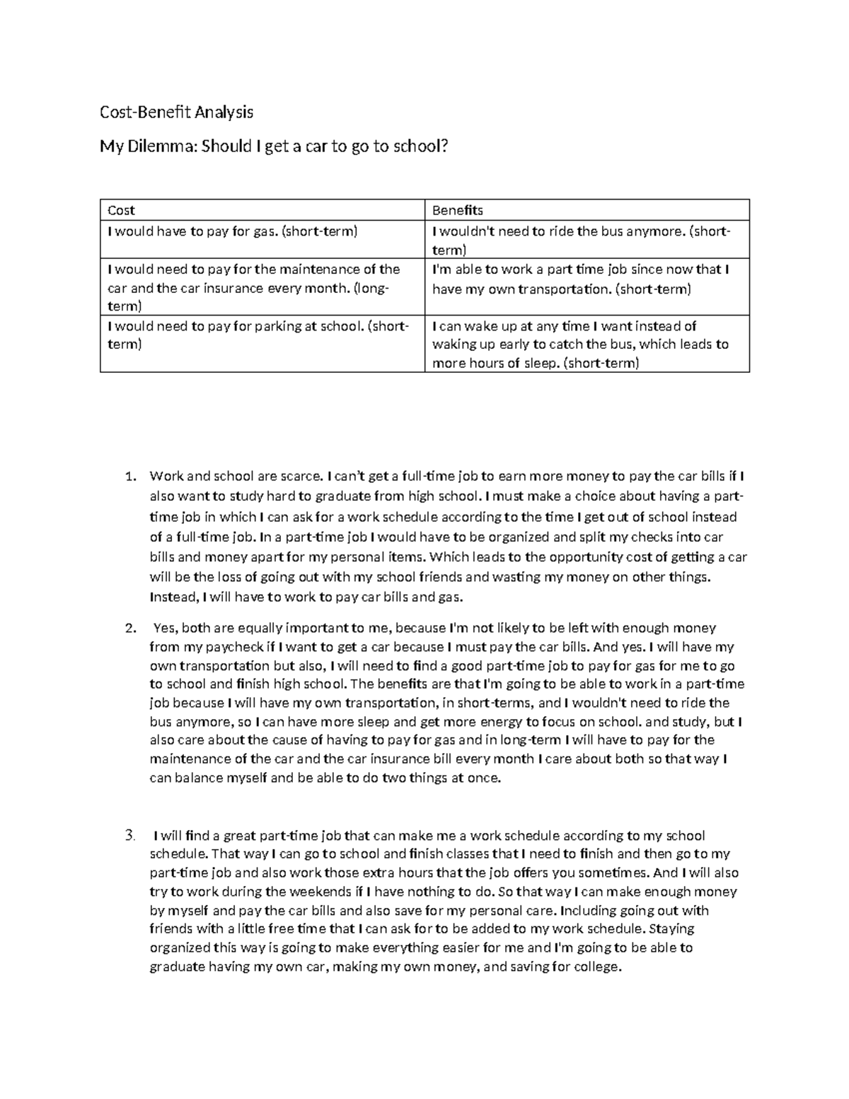 01.02 Scarcity and Smart Choices - Cost-Benefit Analysis My Dilemma ...