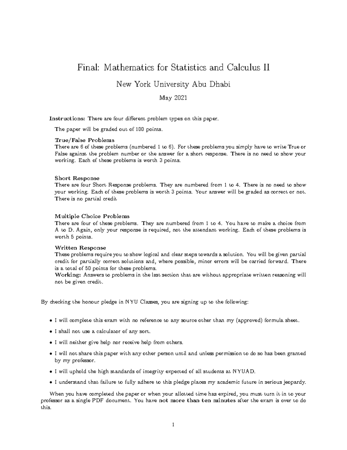 Calc 1 Spring 2021 Final Section One Solution Set - Final: Mathematics ...