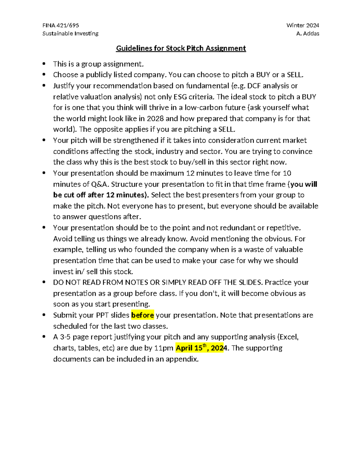 Stock Pitch Guidelines - FINA 421/695 Winter 2024 Sustainable Investing ...