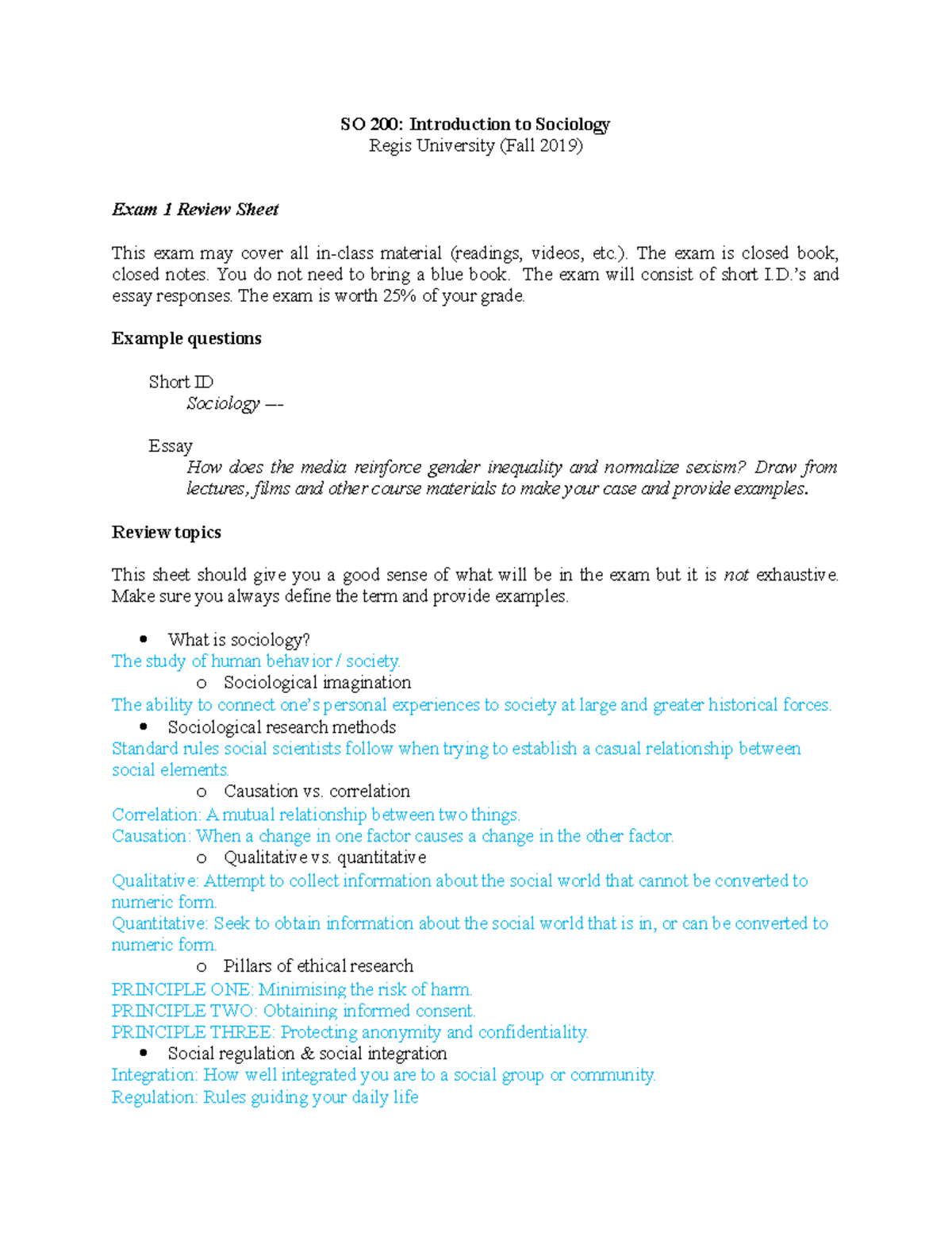 Sociology Exam 1 Study Guide - SO 200: Introduction to Sociology Regis ...