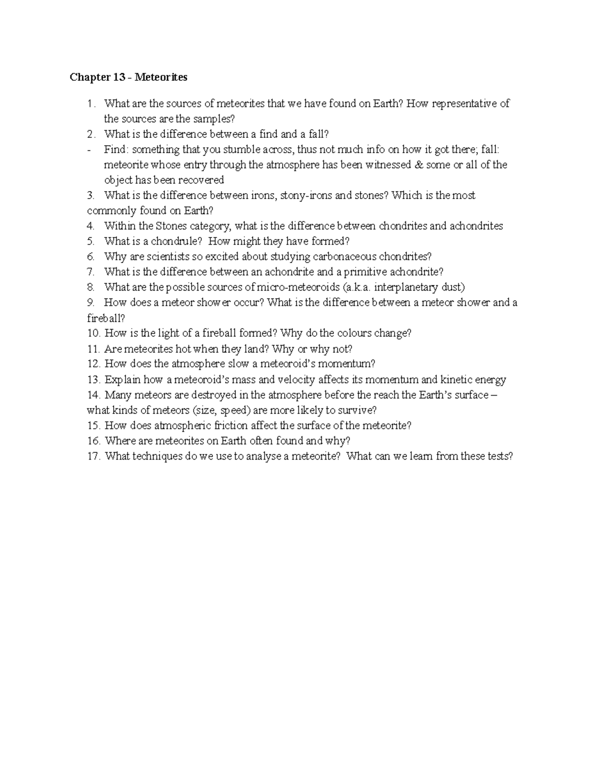 Chapter 13 - Study Guide - Chapter 13 - Meteorites What are the sources ...