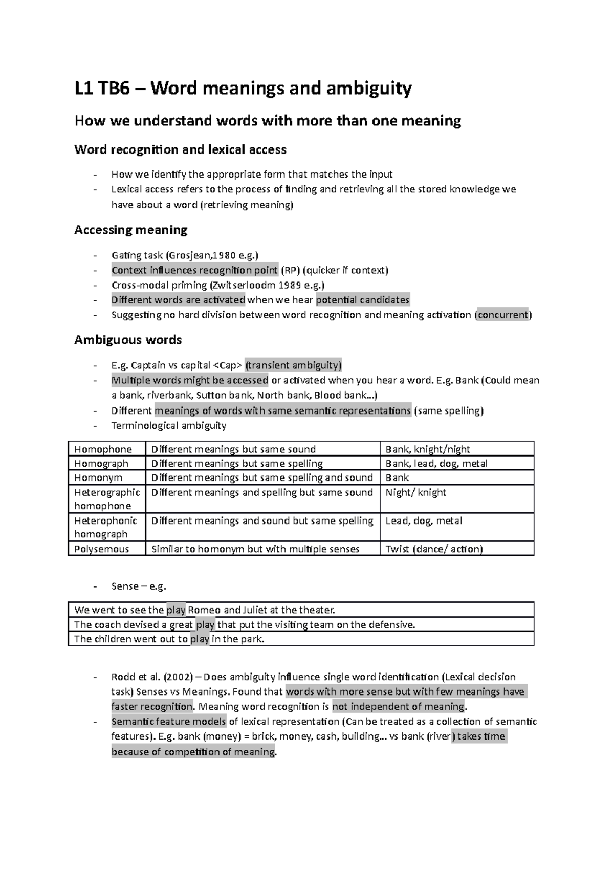 Language & Development 2 - TB6 All Lectures - L1 TB6 – Word meanings and ambiguity How we ...