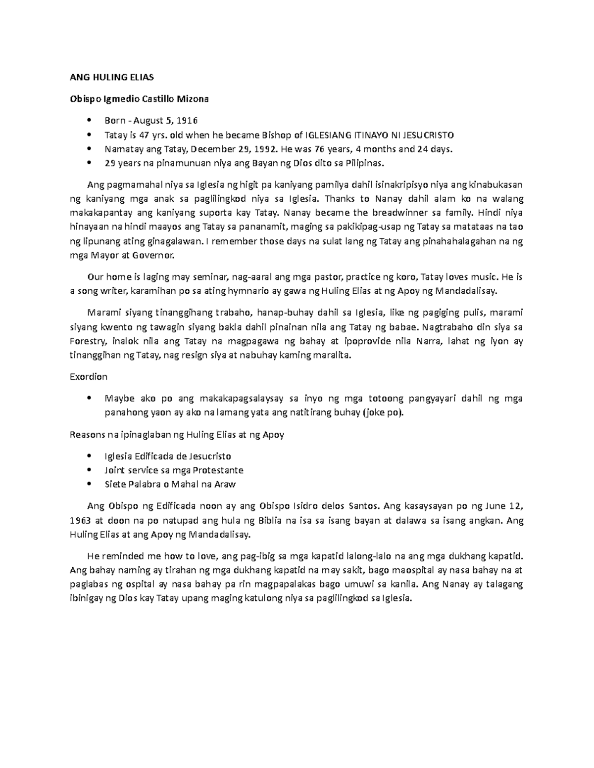 ANG Huling Elias - ANG HULING ELIAS Obispo Igmedio Castillo Mizona Born ...