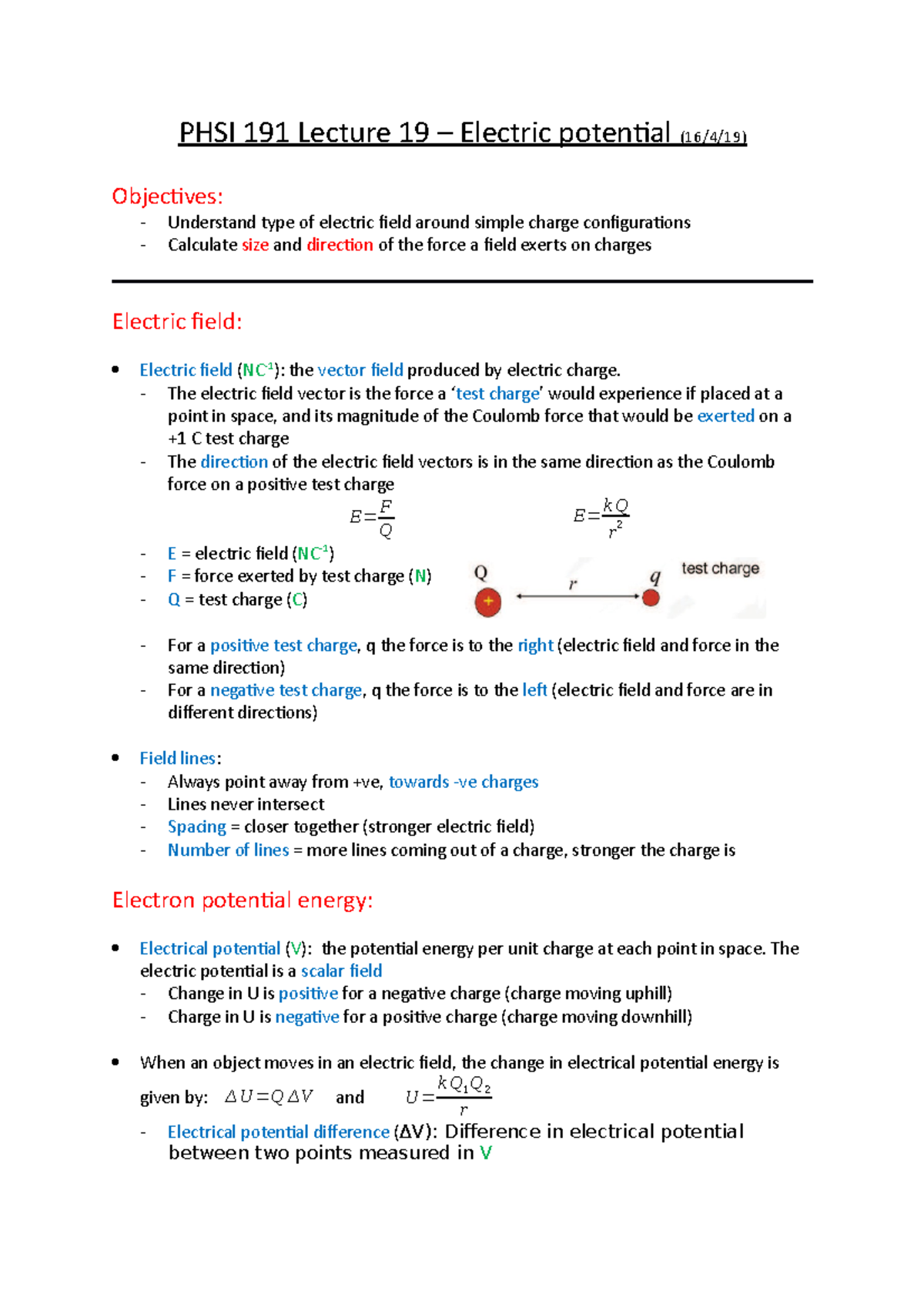 PHSI 191 Lecture 19 - PHSI 191 Lecture 19 – Electric potential (16/4/19) Objectives: Understand ...