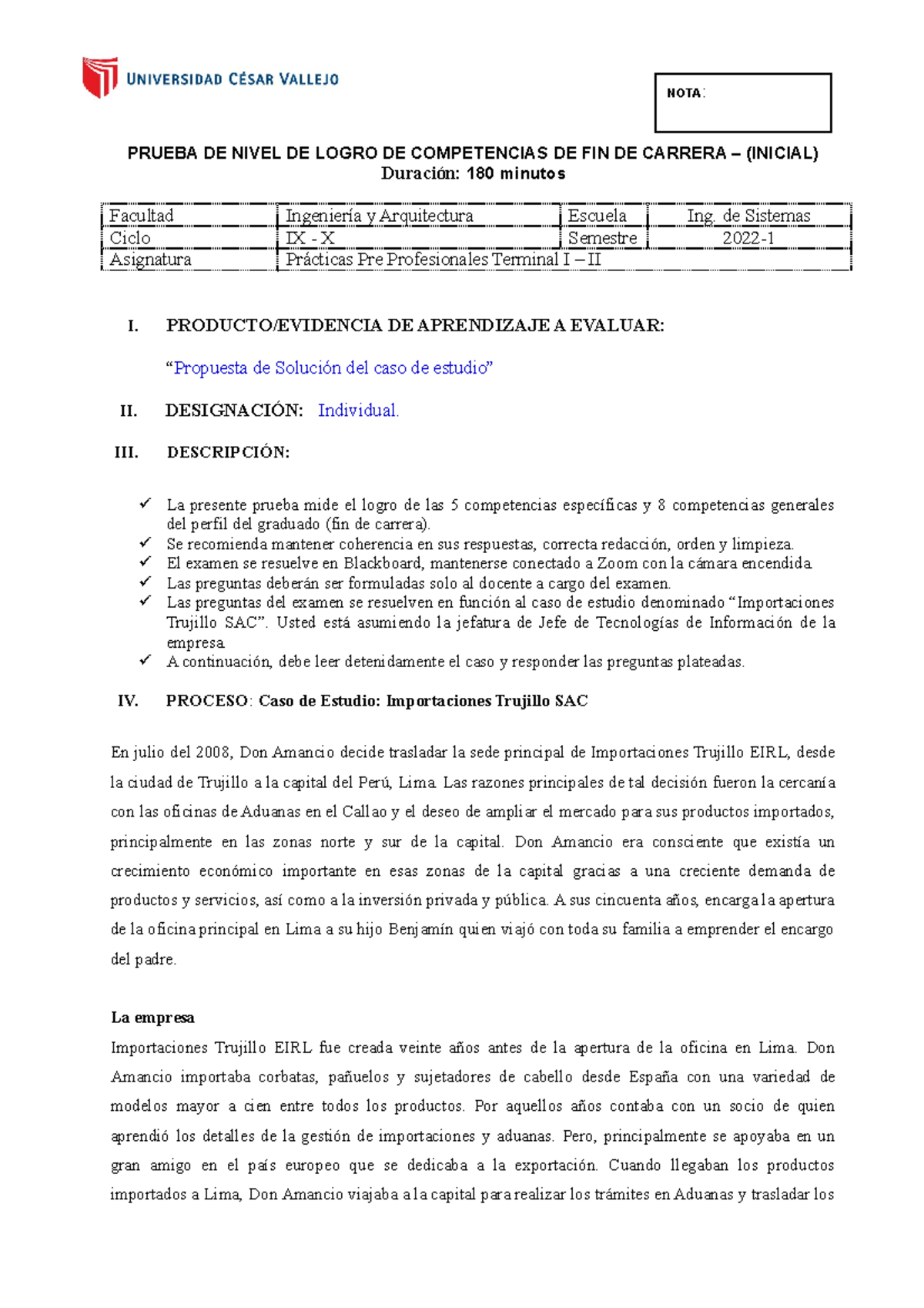 Examen PLC IV Nivel (Entrada) 202201 - PRUEBA DE NIVEL DE LOGRO DE COMPETENCIAS DE FIN DE ...